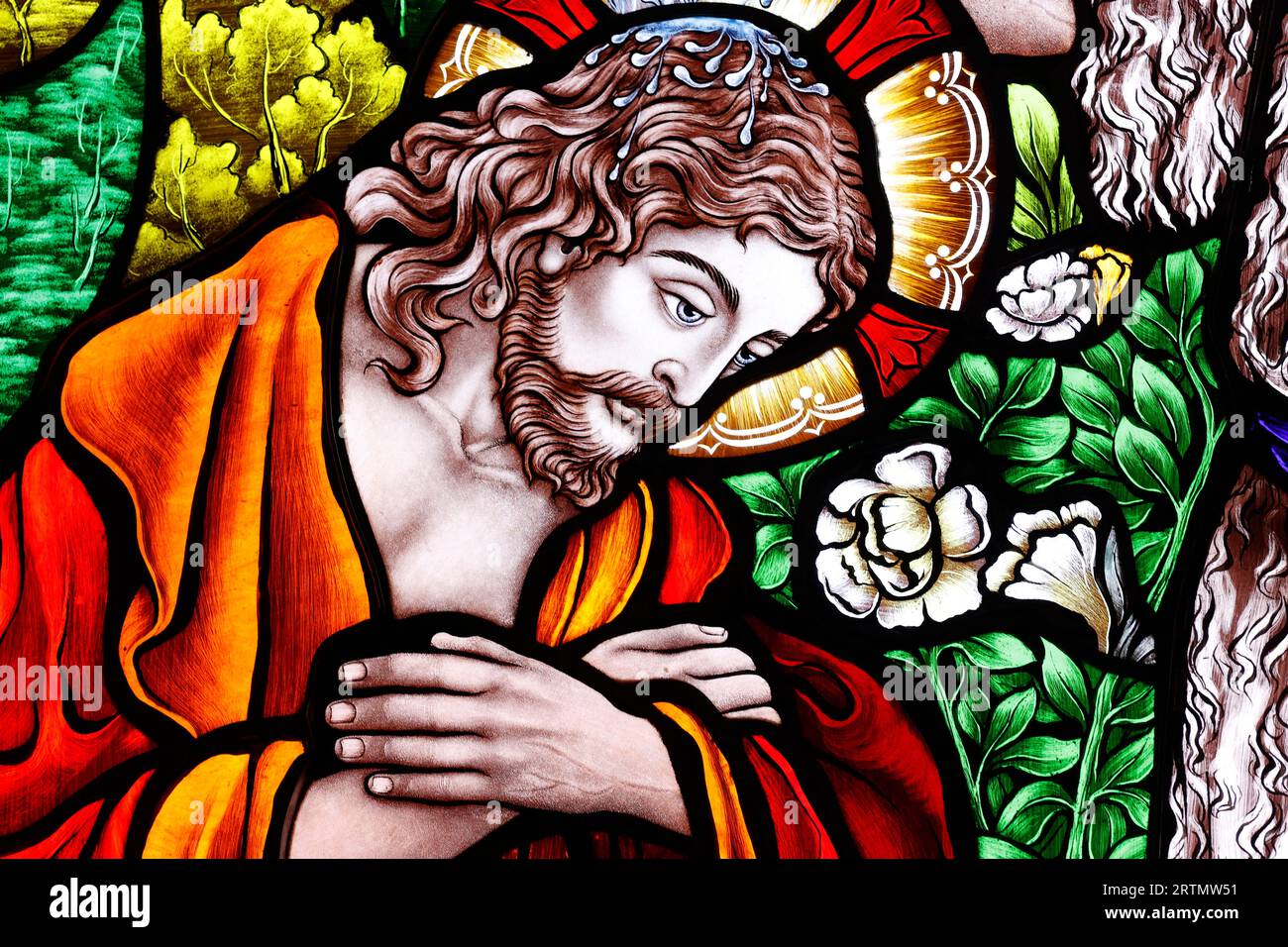 Song Vinh catholic church. Stained glass window. The baptism of Jesus ...