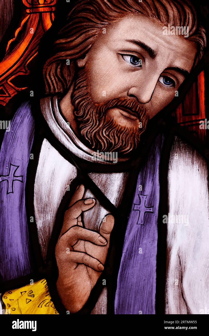 Song Vinh catholic church. Stained glass window. Priest blessing ...