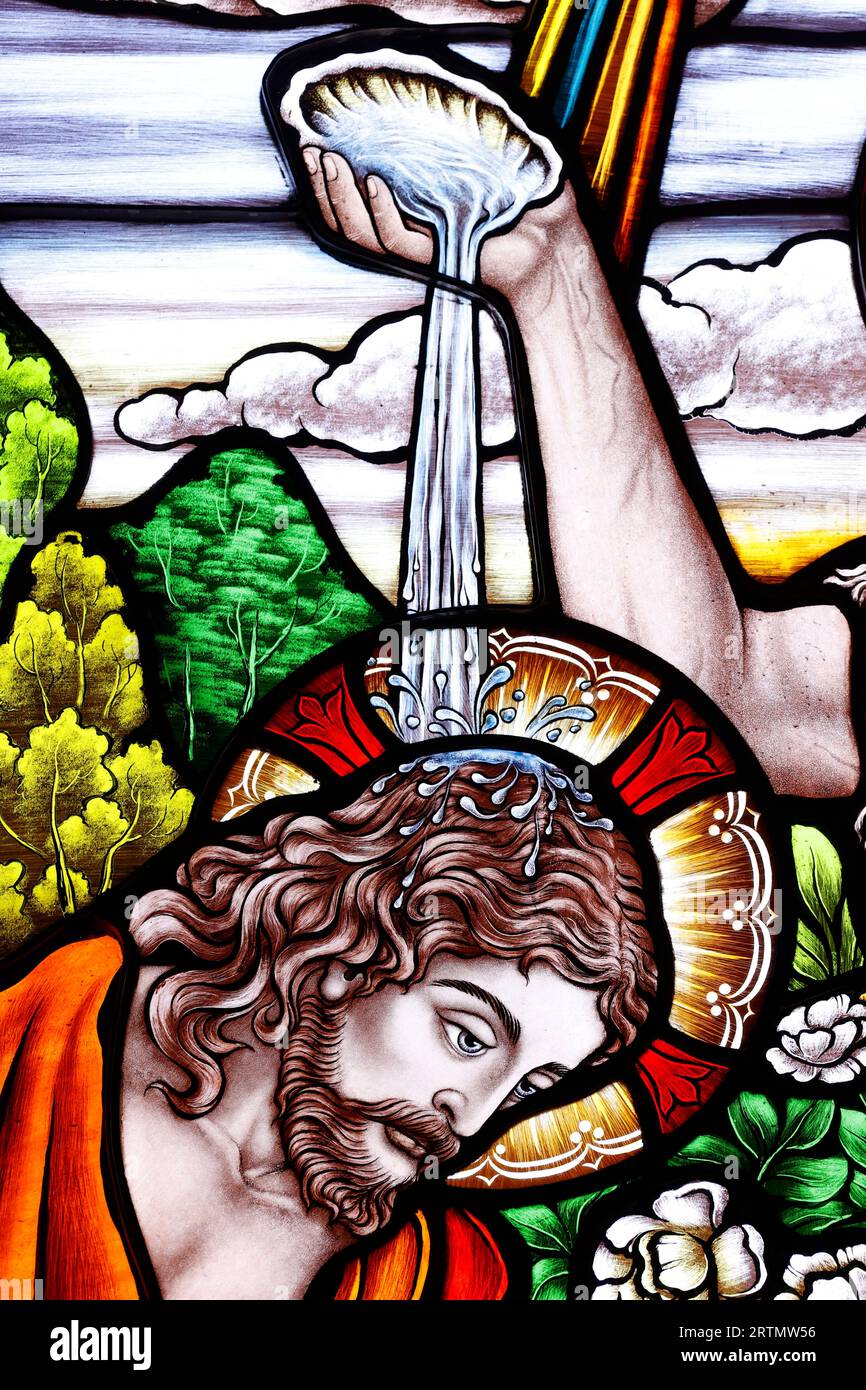 Song Vinh catholic church. Stained glass window. The baptism of Jesus ...