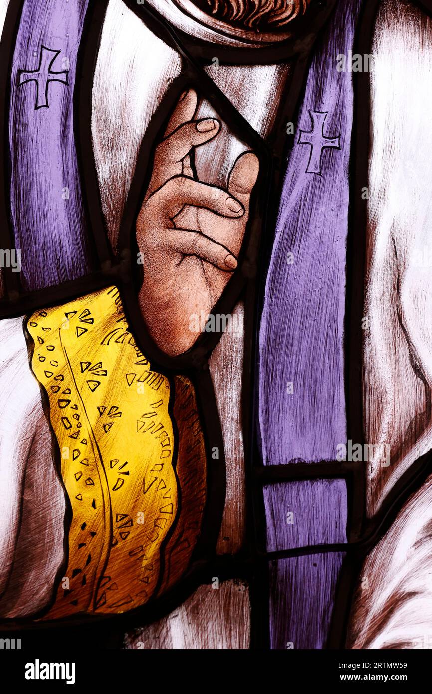 Song Vinh catholic church. Stained glass window. Priest blessing ...