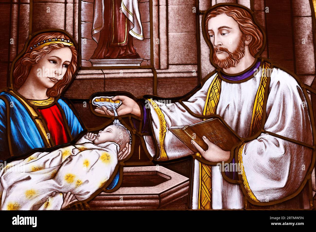 Song Vinh catholic church. Stained glass window. Baptism of a child by ...