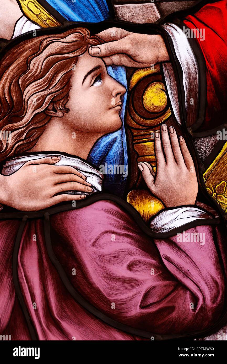 Song Vinh catholic church. Stained glass window. Catholic priest ...