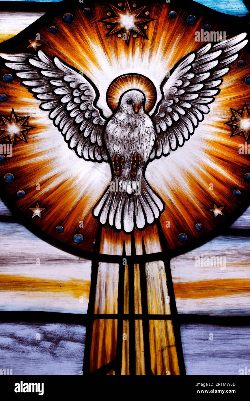 Song Vinh catholic church. Stained glass window. A white dove ...