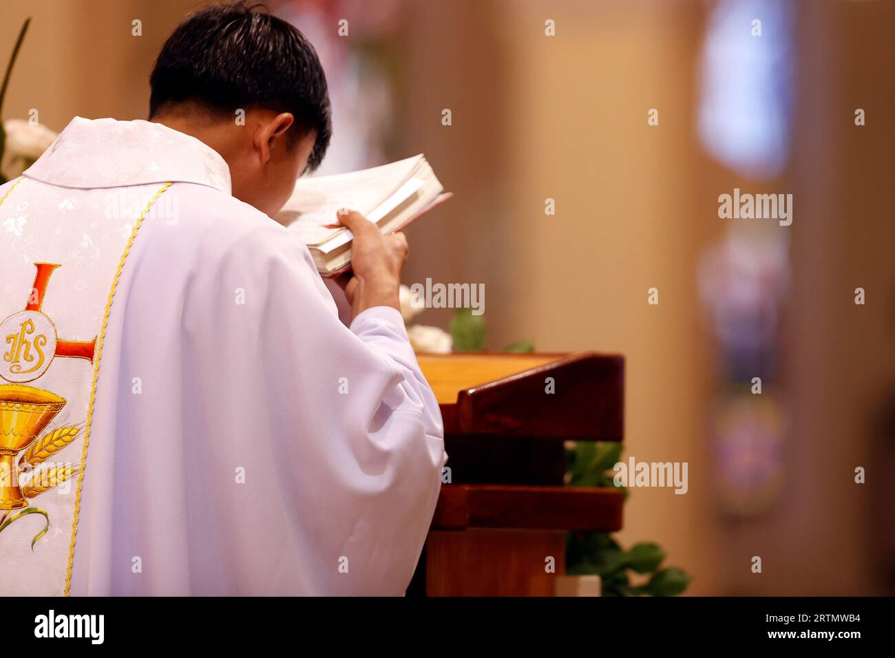 Saint Nicholas Cathedral Dalat. Sunday mass. Back view of Priest with ...