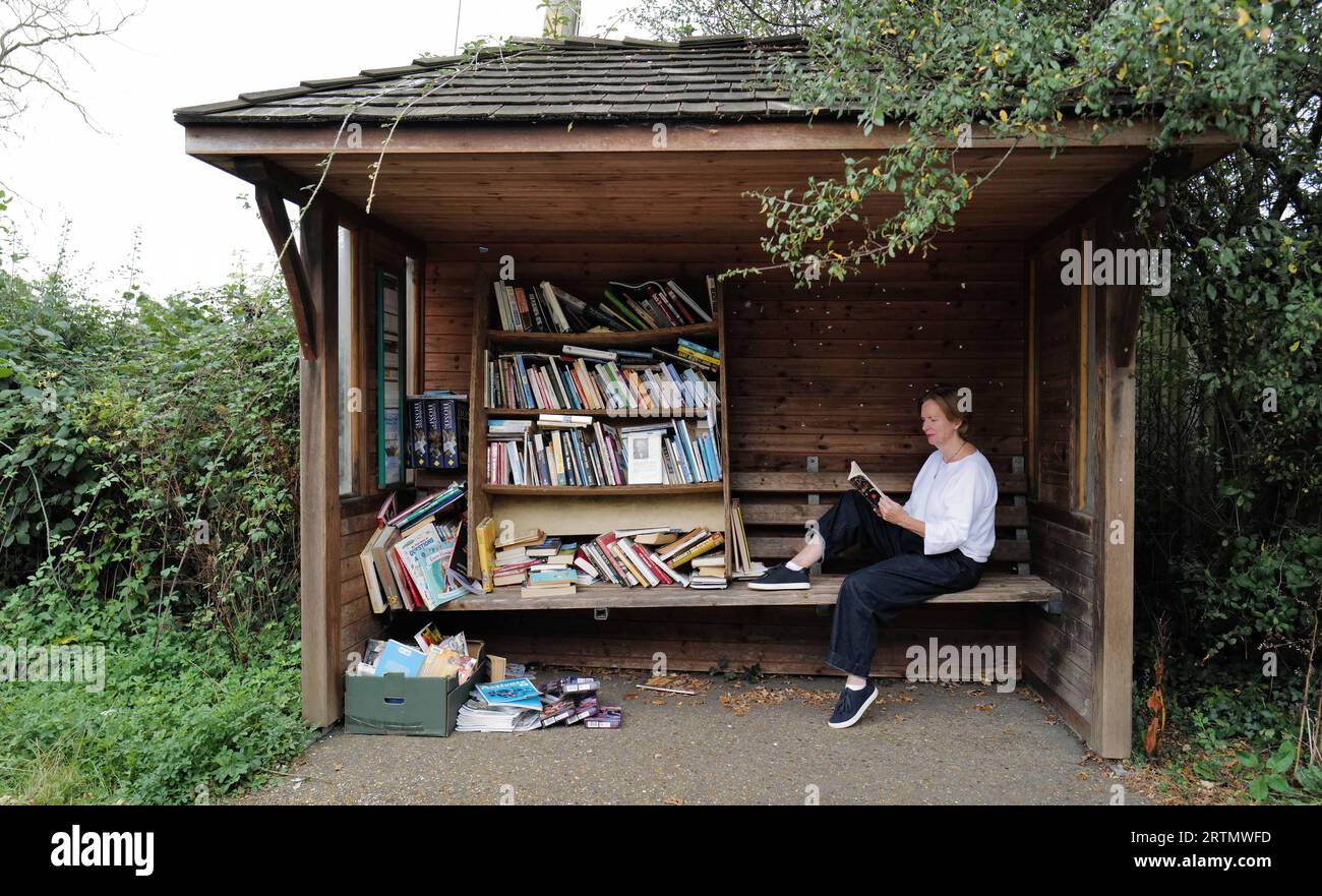 A woman waiting for a bus whilst reading a book in a bus stop filled ...