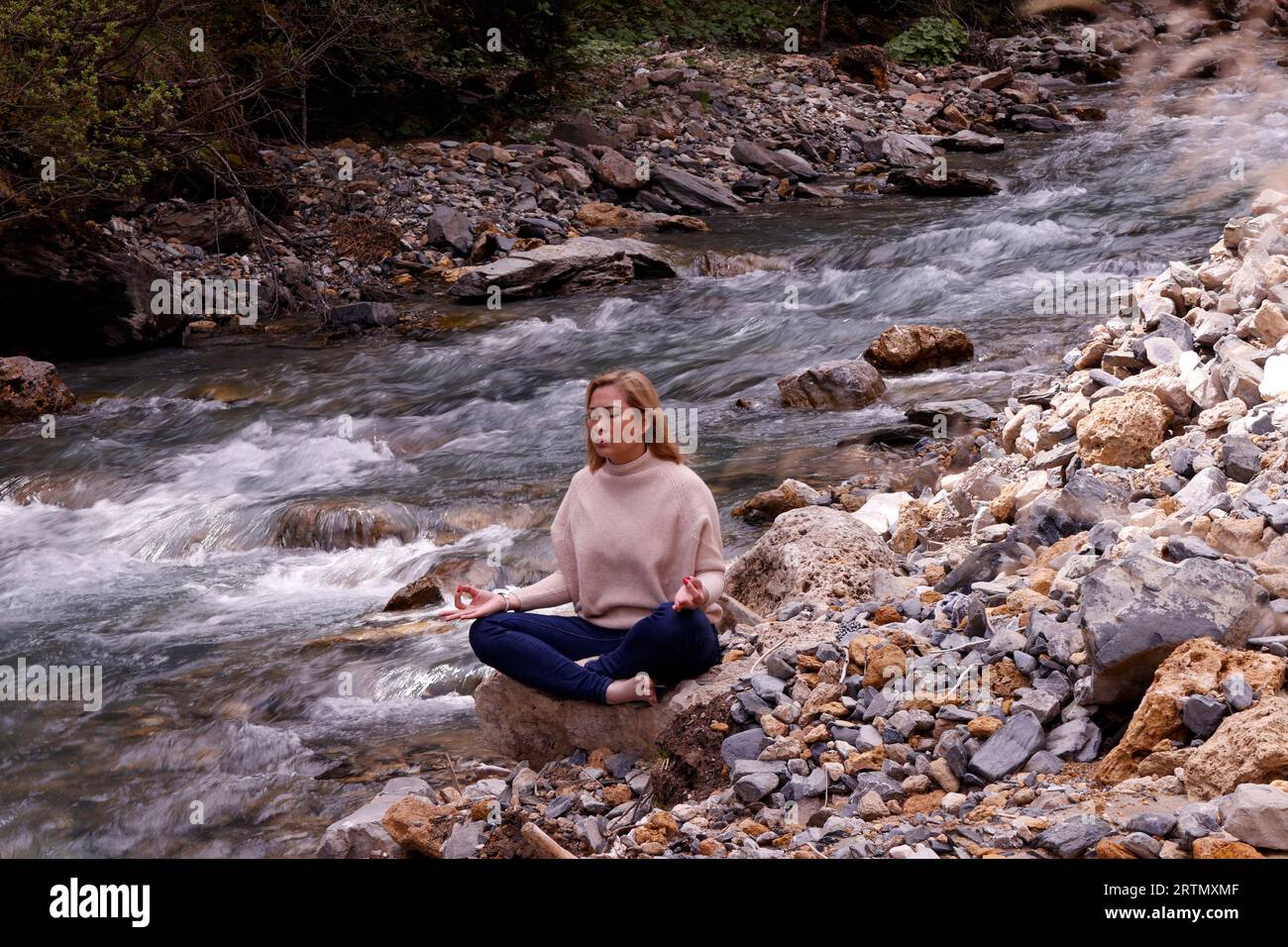Yoga, meditation and calm black woman outdoor by river for healthy ...
