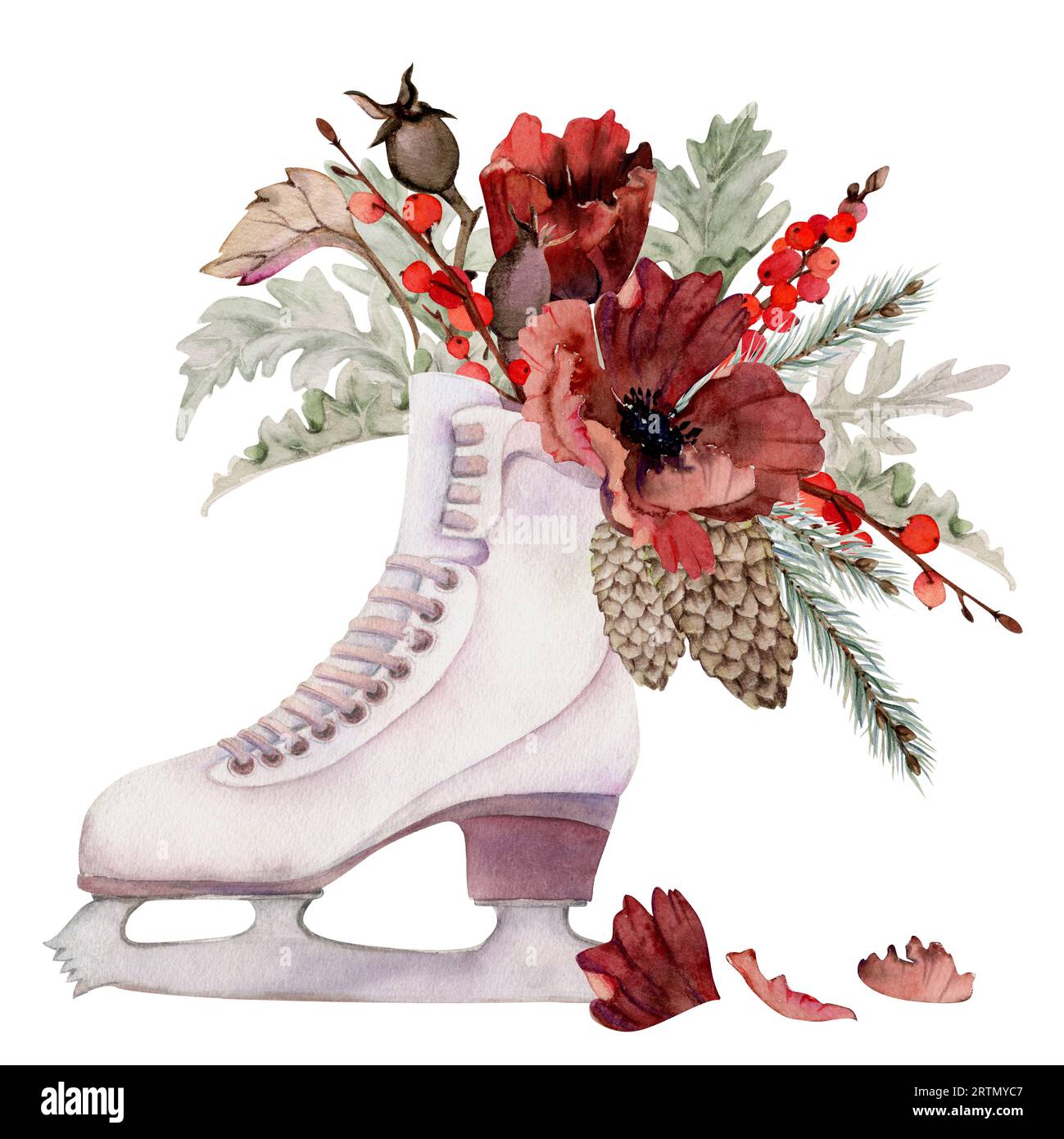 Hand drawn watercolor figure skating boots with flower compositions ...