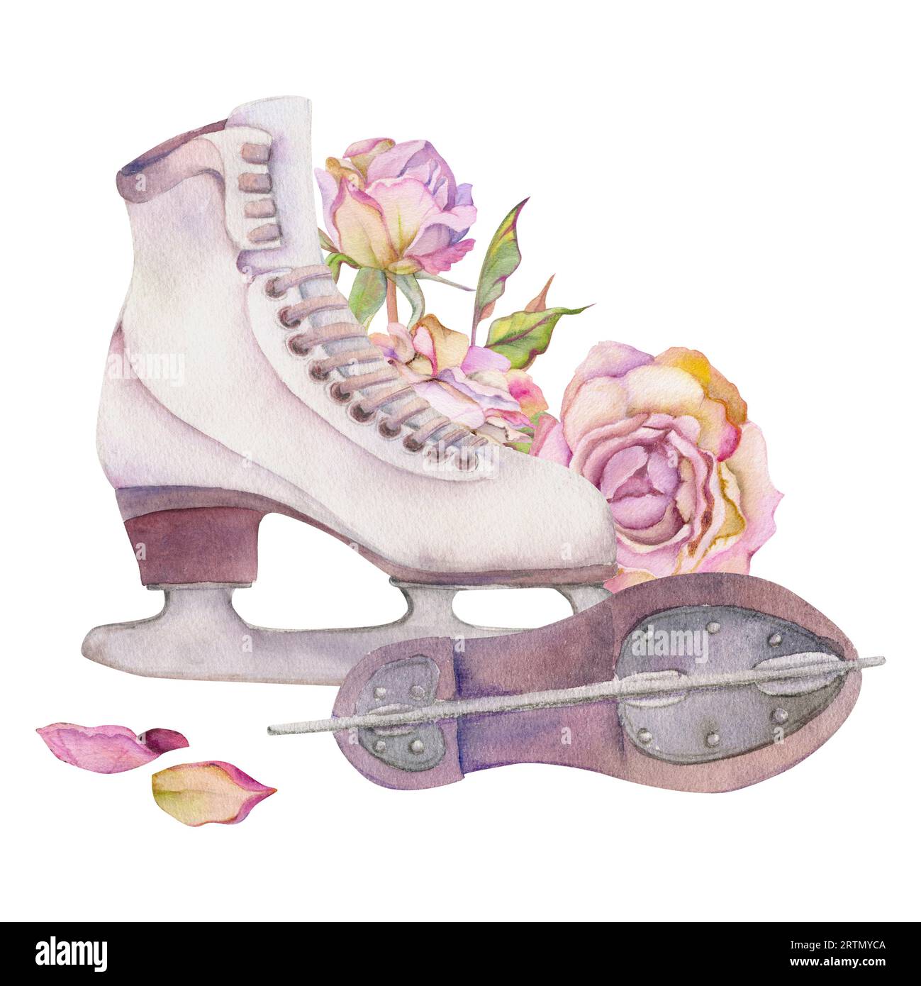 Hand drawn watercolor figure skating boots with flower compositions ...