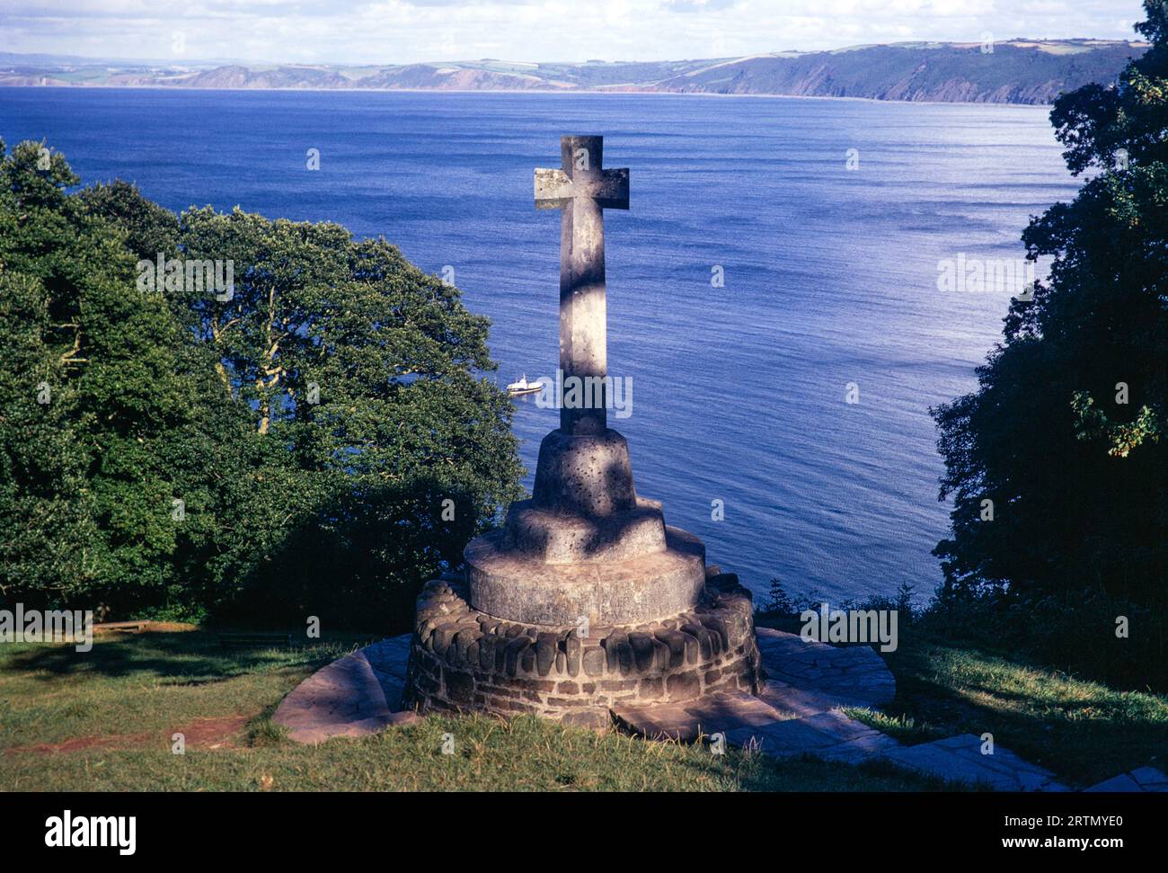 War memeorial view over Bristol Channel, Clovelly, North Devon, England ...