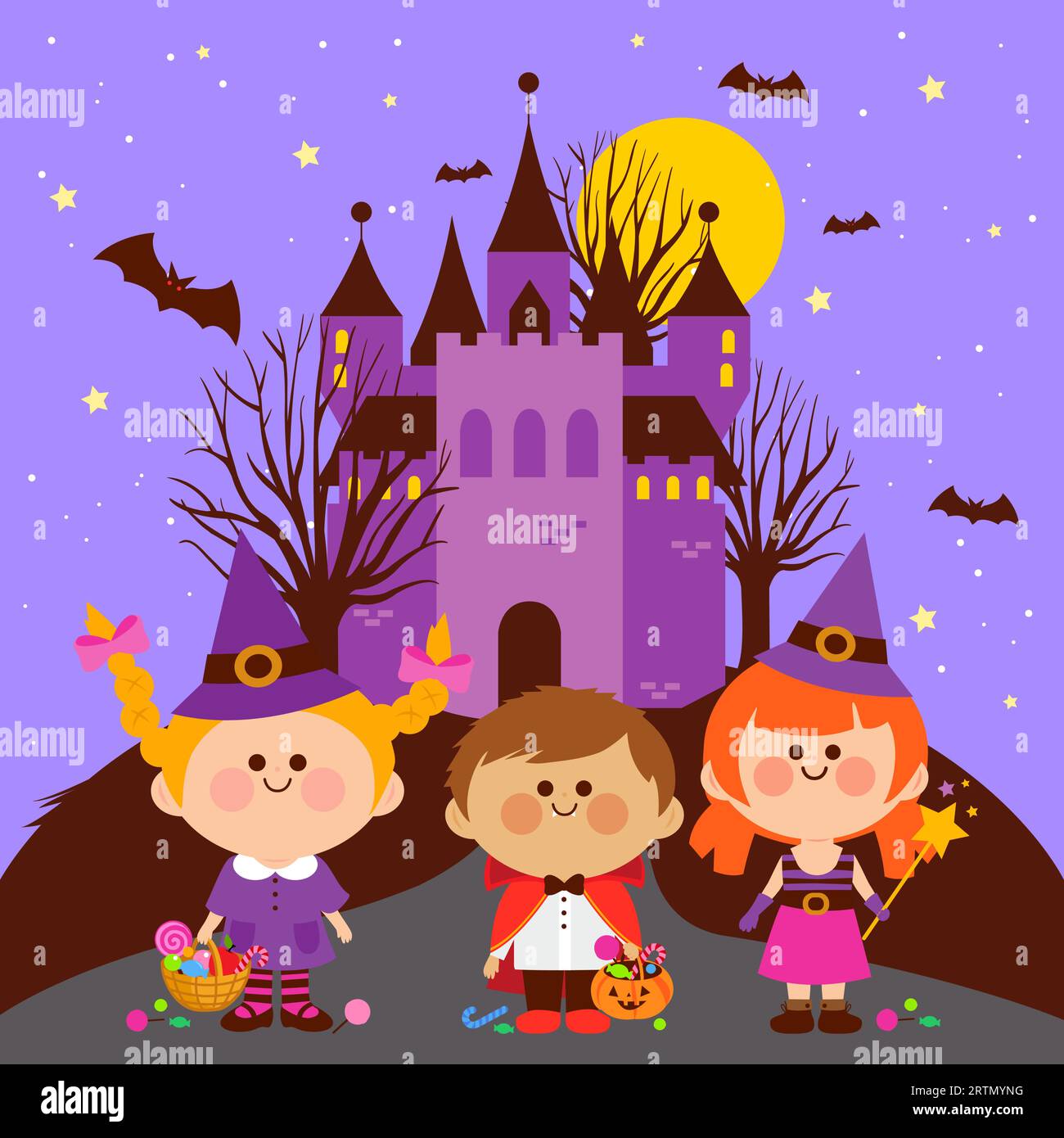 Children with Halloween costumes visiting a spooky haunted castle on a ...