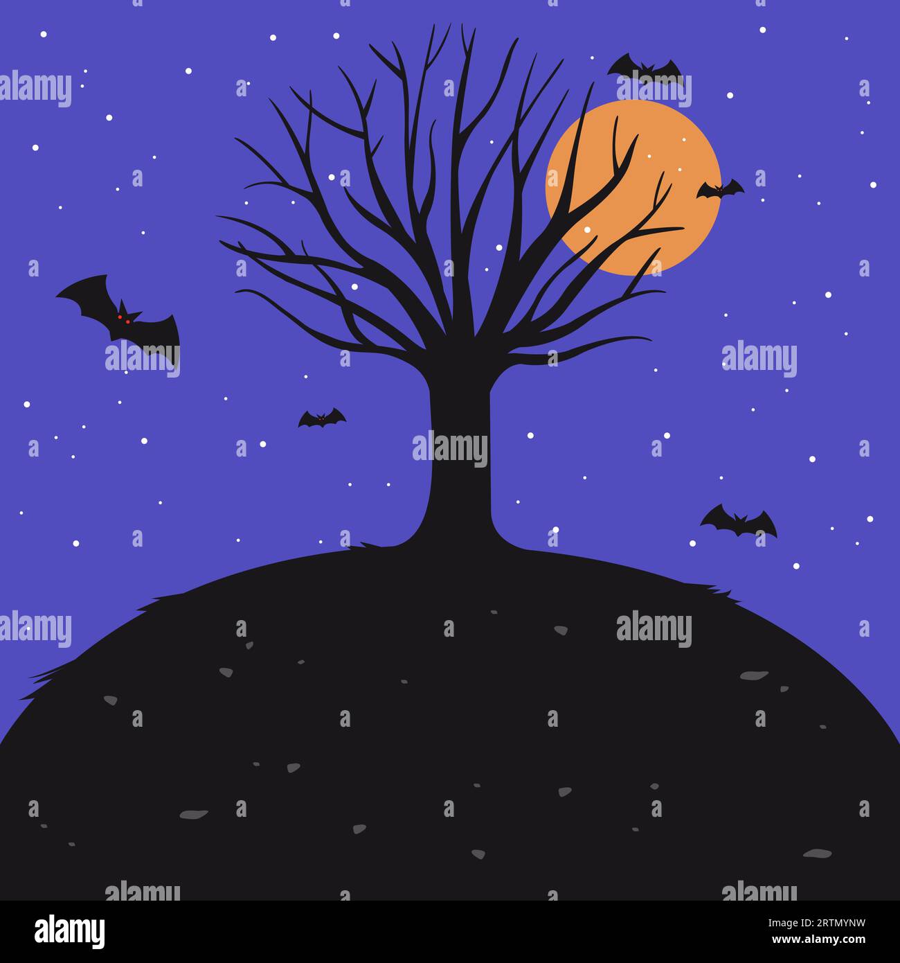 Spooky Halloween background with a scary tree and bats on a hill at ...