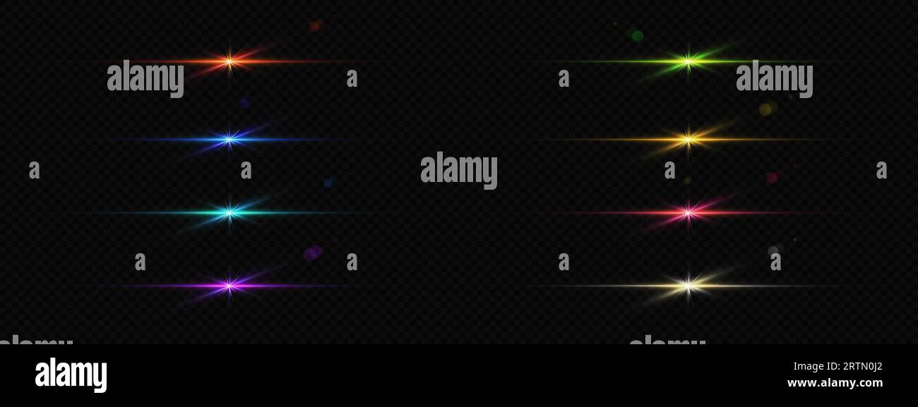 Flare light line and sparkle glow vector gleam set. Gold, red, pink and ...