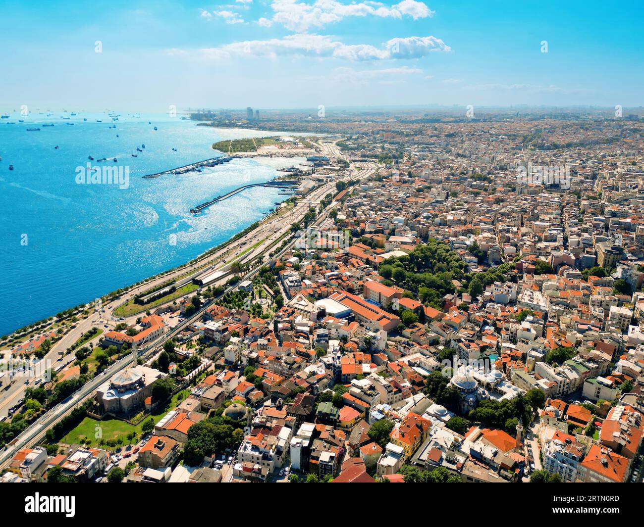 Aerial drone view of Istanbul, Turkey. Bosporus strait with multiple ...