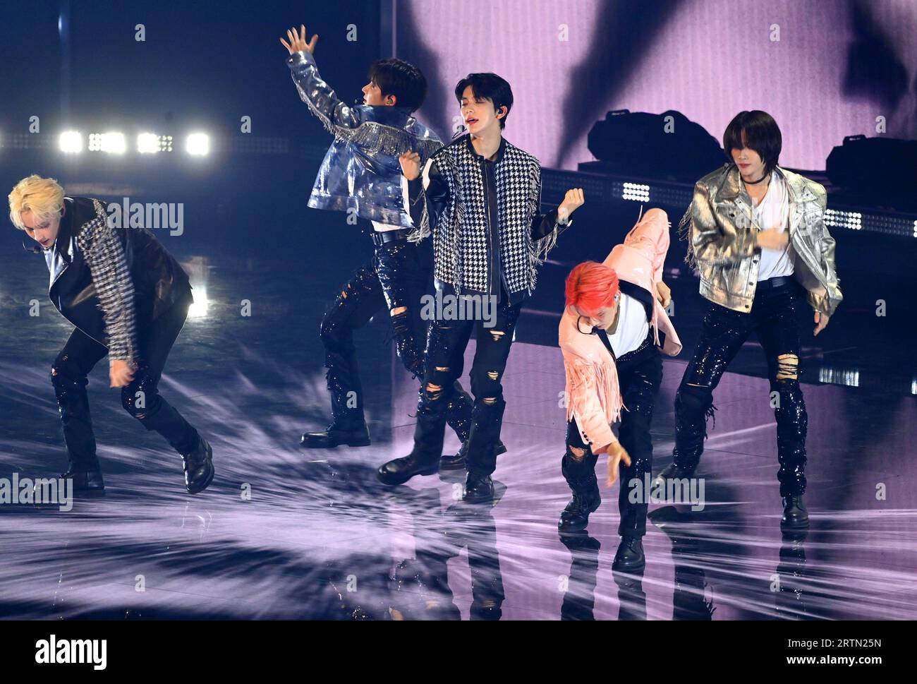 Yeonjun, Soobin, Beomgyu, Taehyun and HueningKai of Tomorrow X Together perform on stage at the ...