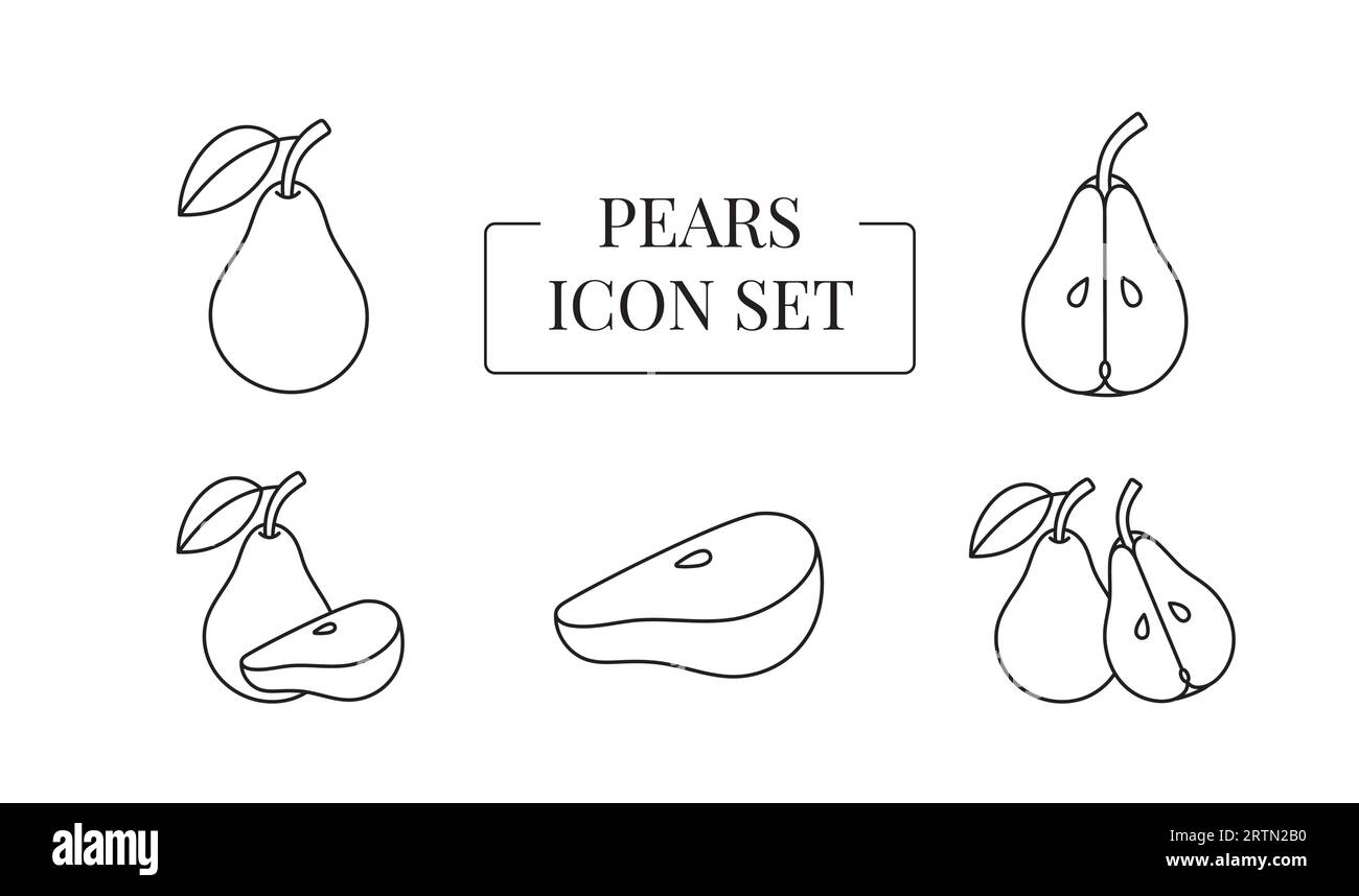 Pear whole and half cut into slices, set of line icons in vector Stock ...