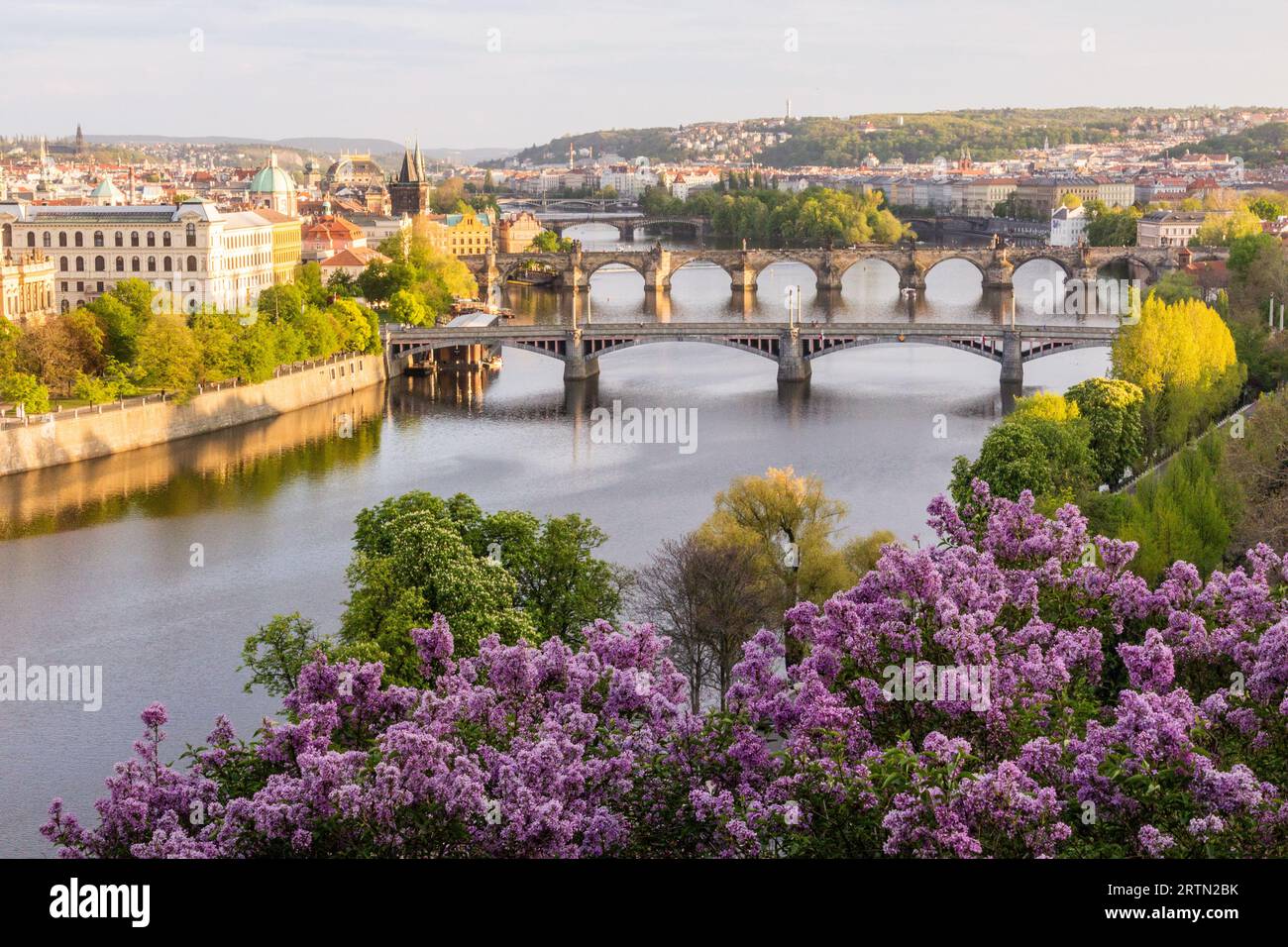 Aerial view of bridges over Vltava river in Prague, Czech Republic ...