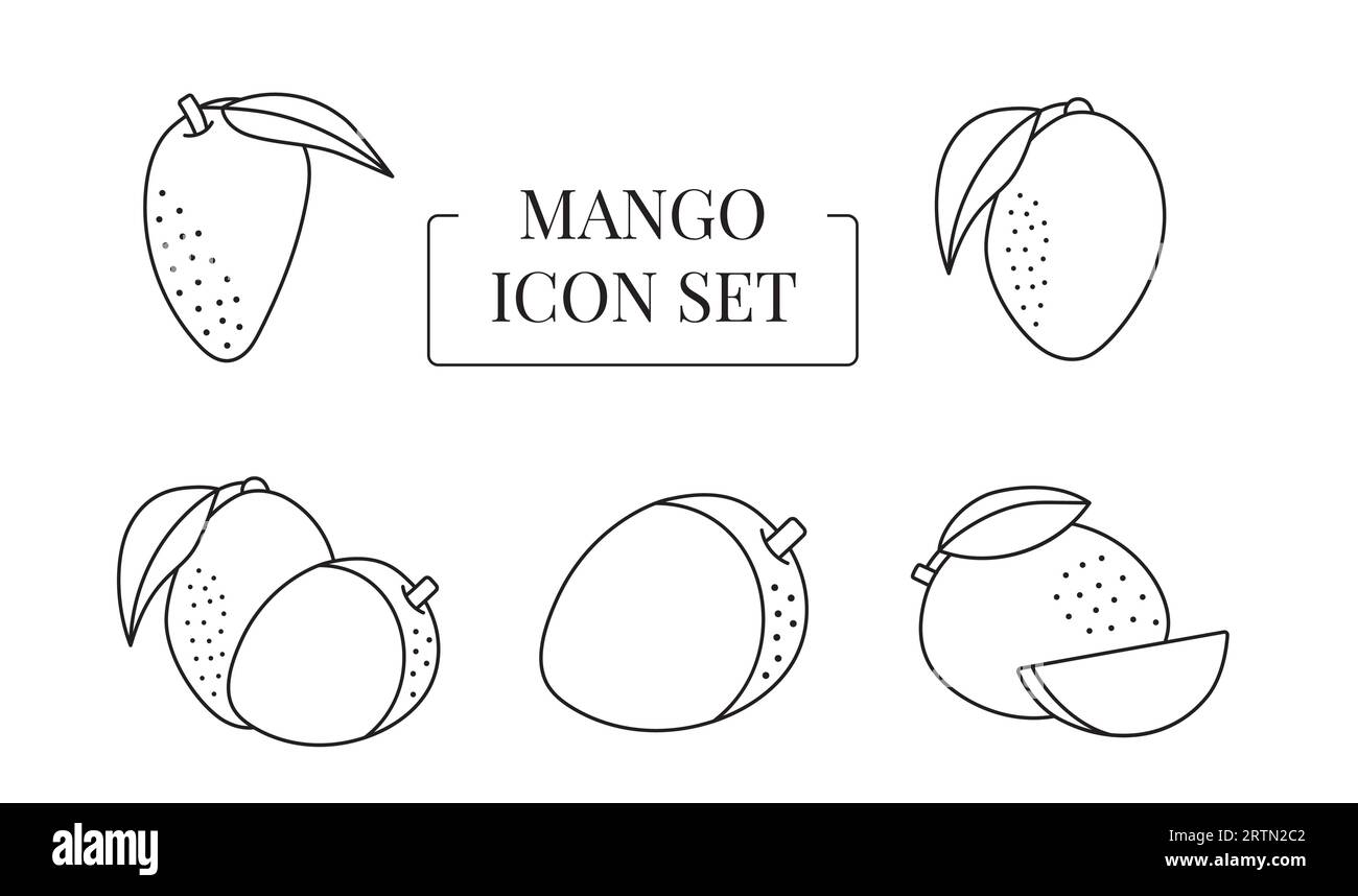 Mango fruit whole and half, cut into slices, set of line icons in ...