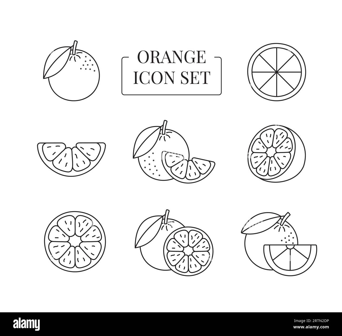 Fruit Orange whole and half, cut into slices, set of line icons in ...