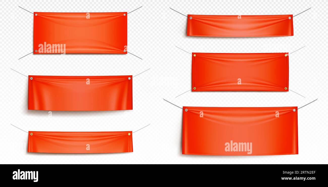 Blank red canvas banners mockup. Horizontal fabric flags, textile sheet ...