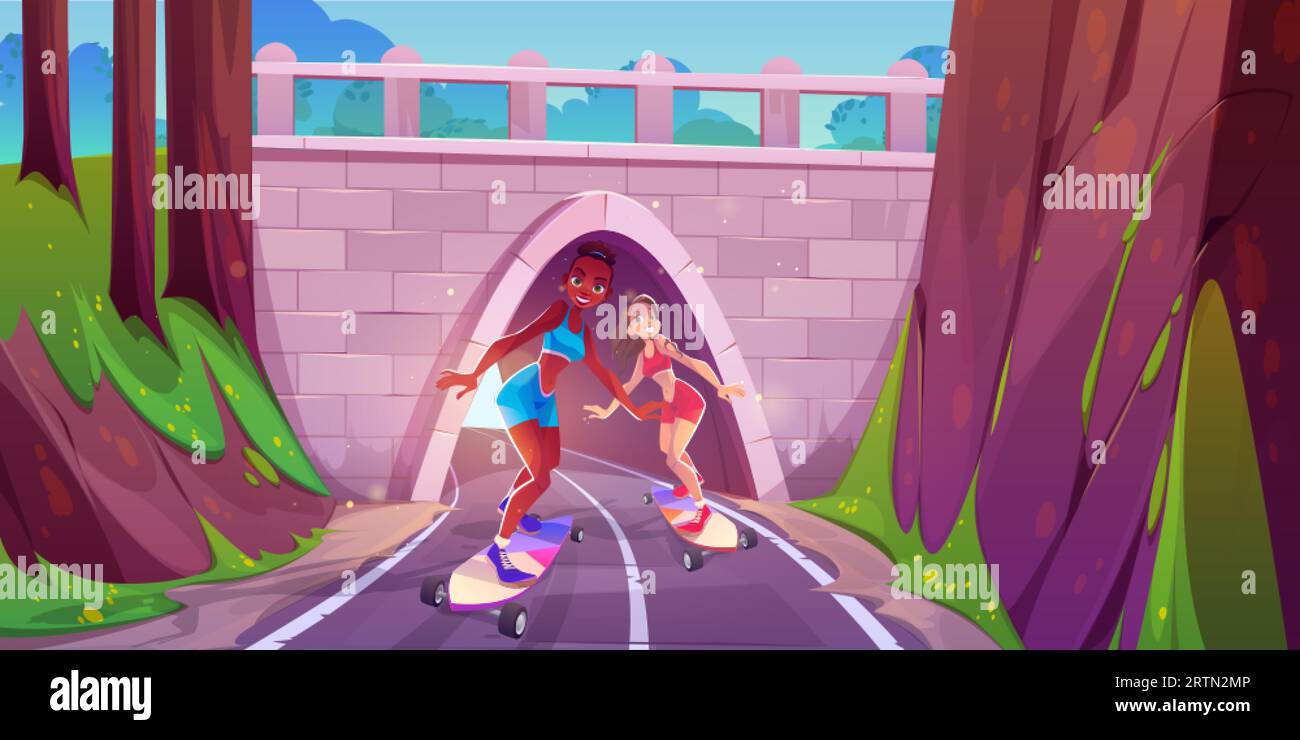 Girl skater together on tunnel road cartoon illustration. Female teen ...