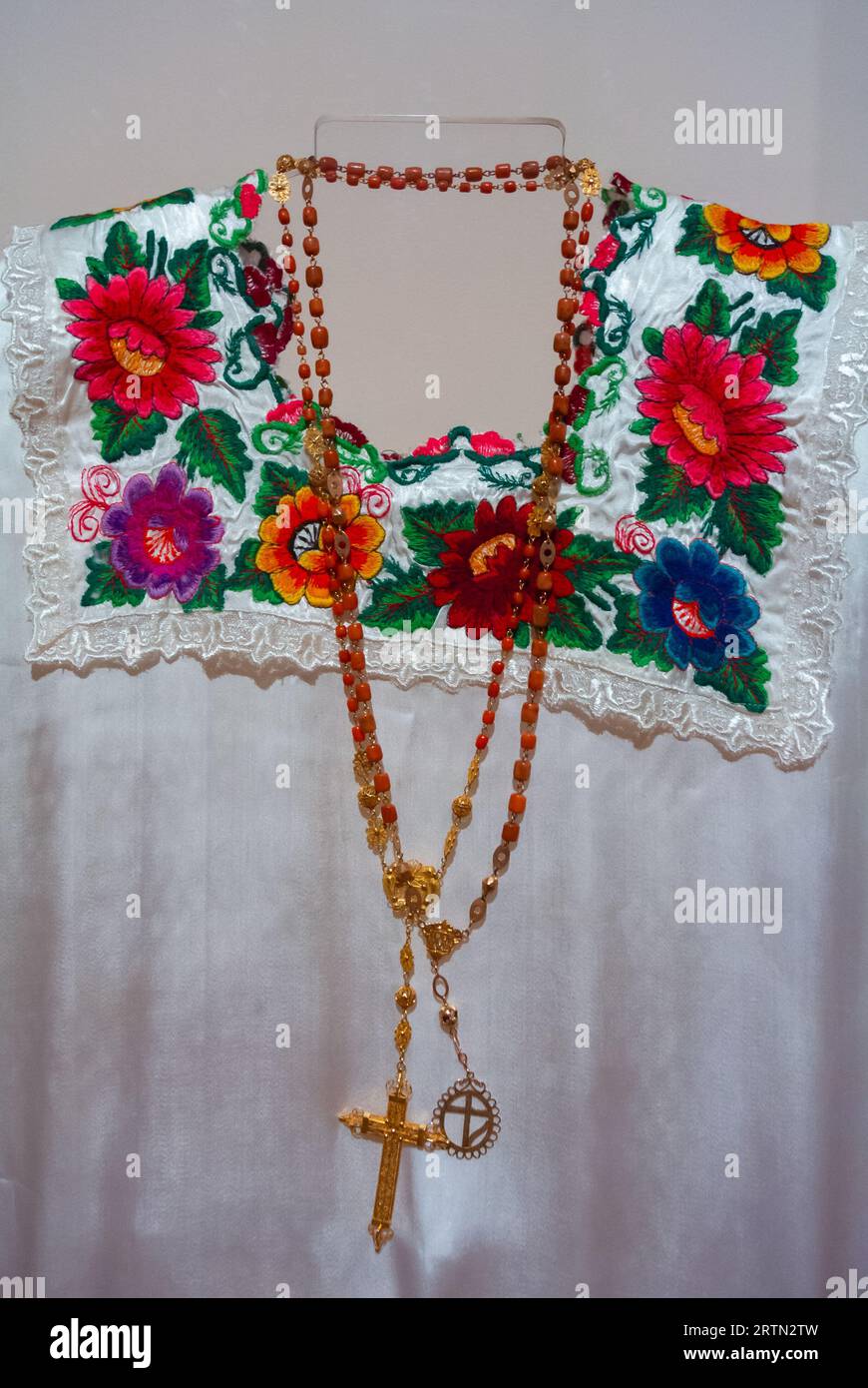 Mexico City, CDMX, Mexico, Mayan Yucatecan folkloric dress with flower ...