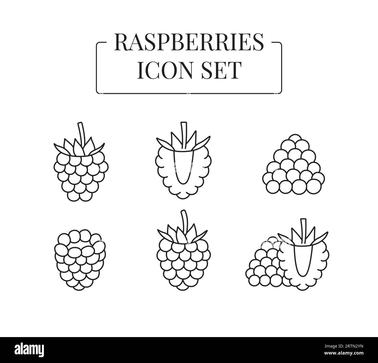 Raspberry berry whole and half, cut into slices, set of line icons in ...