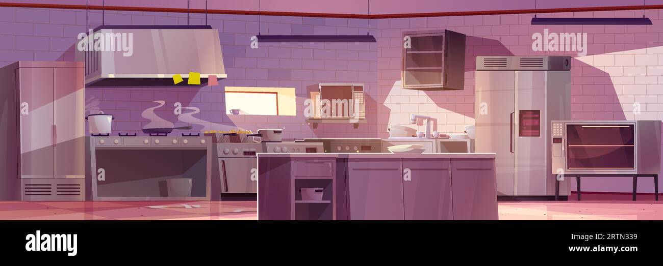 Restaurant kitchen interior with professional chef equipment in cartoon ...