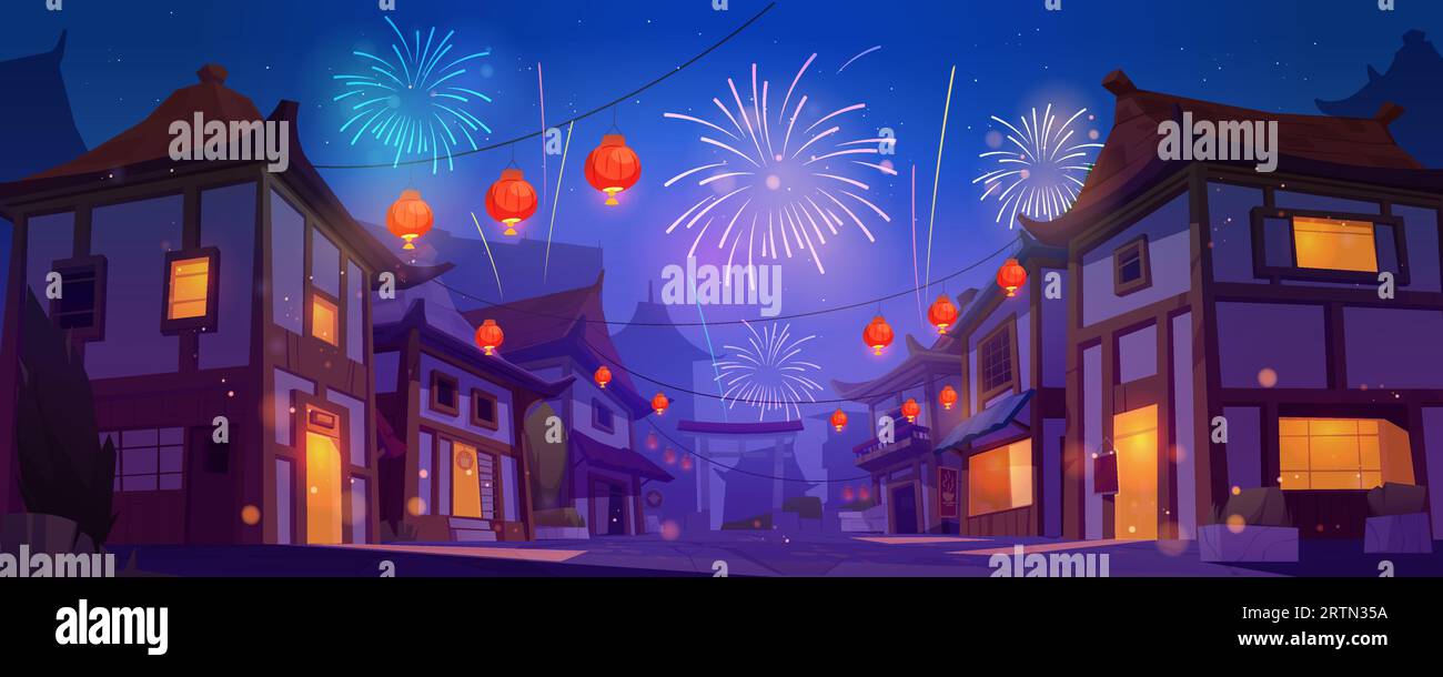 Festival with fireworks in Chinese city at night. New year celebration ...