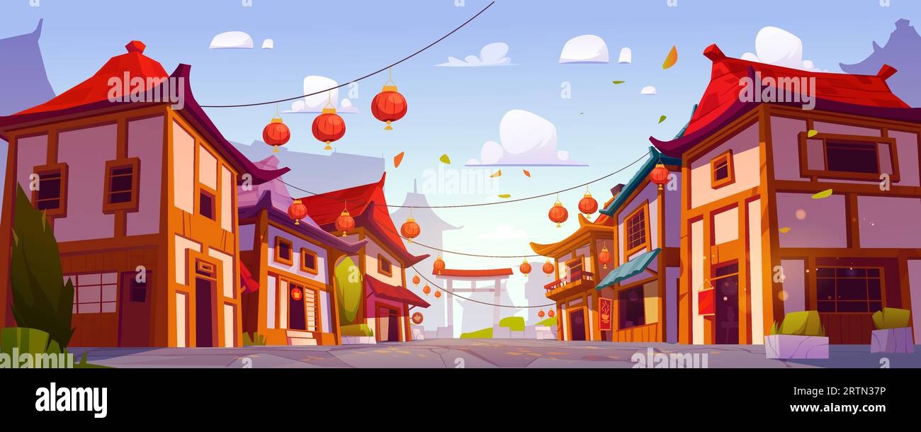 Chinese building on city street cartoon vector background. China town ...