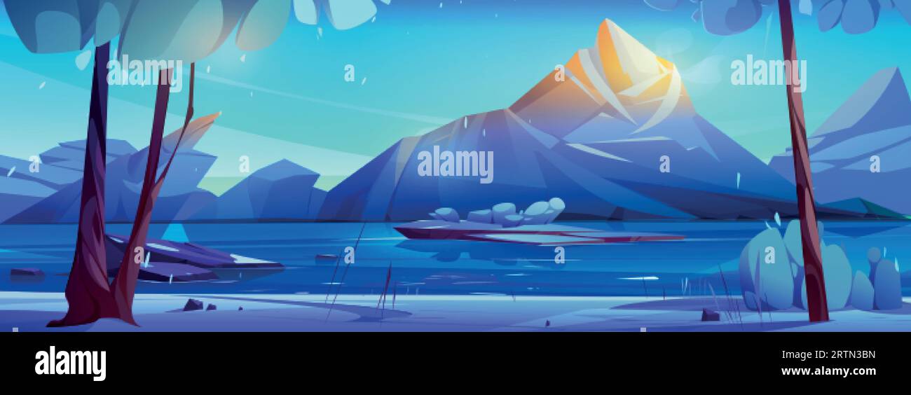 Winter mountain and ice lake in forest landscape background. Snowy ...