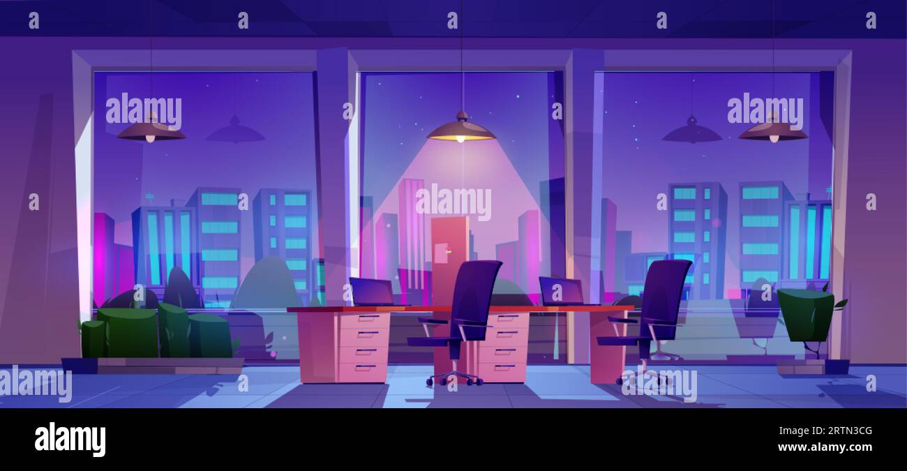 Night office room interior with workplace cartoon background. Empty ...