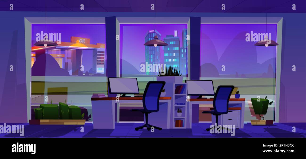 Night office room interior with desk near window cartoon background ...