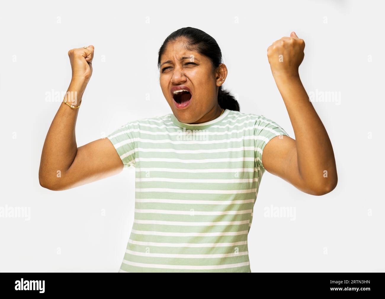 A woman with a wide open hand shouting on a white background. This ...