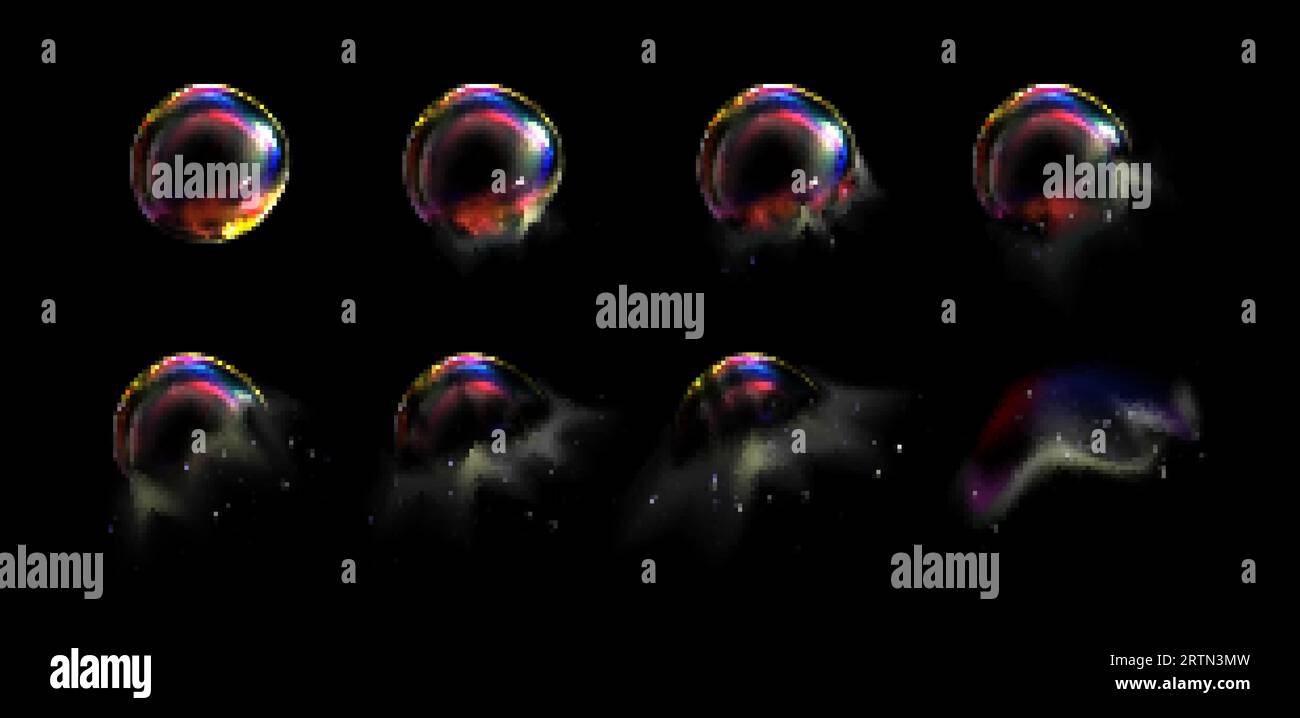 Iridescent foam bubble burst explosion sprite animation. Glass spectrum ...