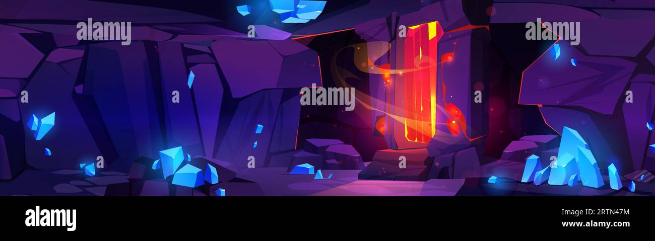 Cartoon cave with blue crystals on stone walls. Vector illustration of ...