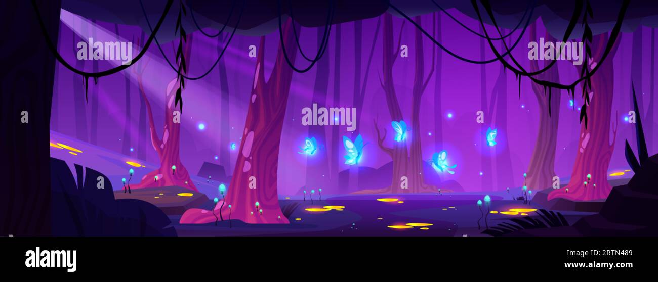 Magic Night Forest Landscape Cartoon Background With Firefly And Ore Puddle Glow Fantasy Jungle