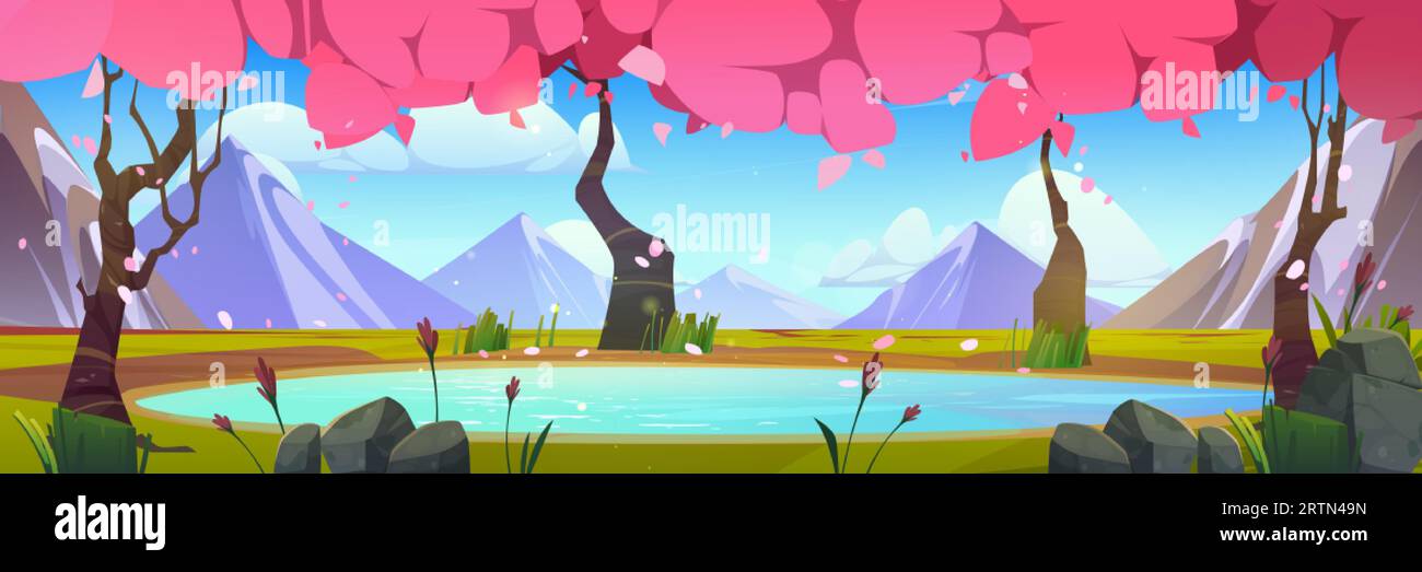 Spring japanese sakura forest park near mountain panorama illustration ...