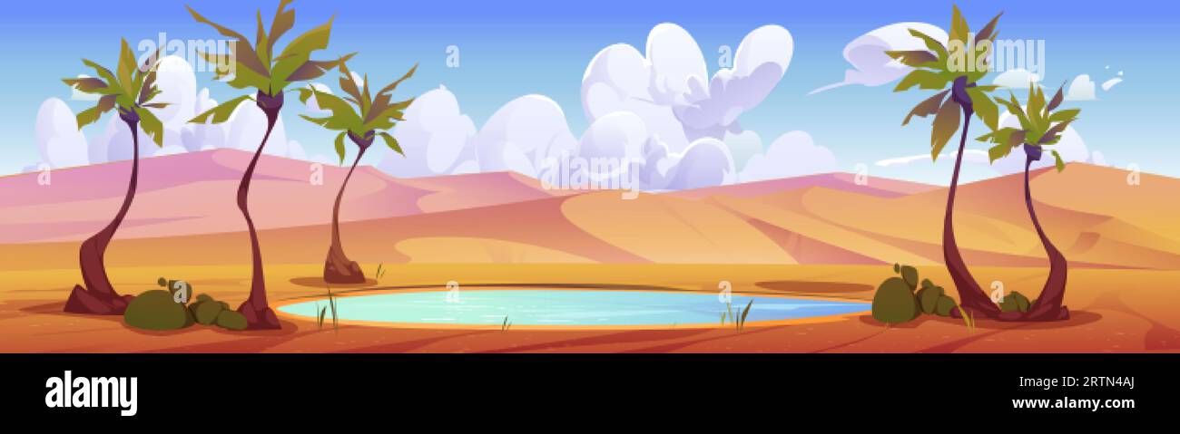Egypt desert oasis with pond and palm tree landscape background. Cloud ...