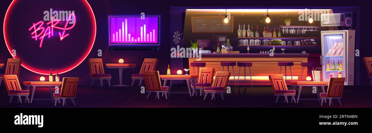 Cartoon night bar interior design. Vector illustration of pub with ...