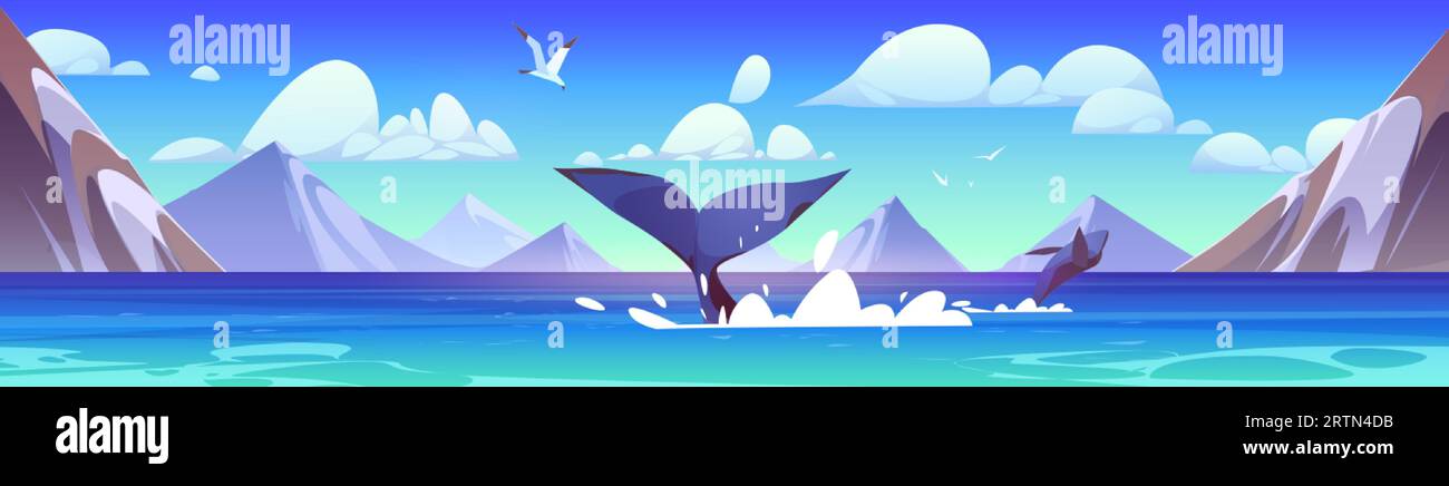 Humpback whale tale above sea water, mountain landscape on horizon ...