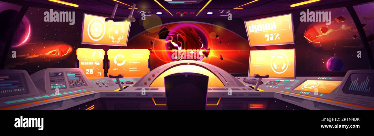 Spaceship cockpit room interior cartoon vector background. Futuristic ...