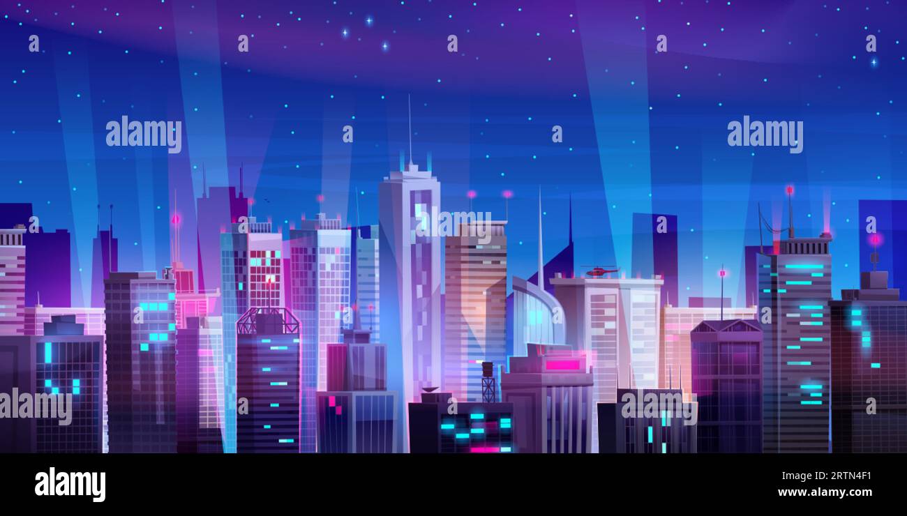 Night cityscape with skyscrapers and helicopter on roof. Vector cartoon ...