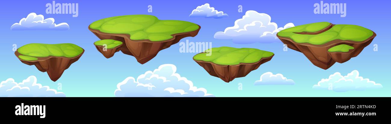 Green islands flying in blue sky with clouds. Vector cartoon ...