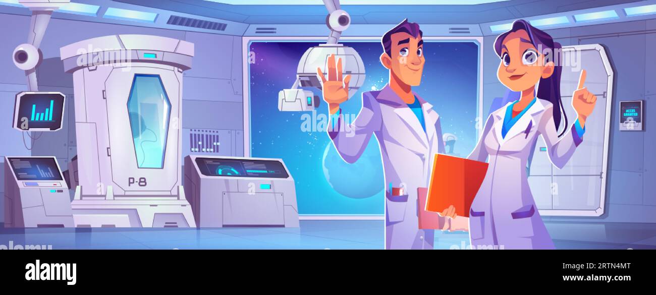 Game spaceship lab room interior with door inside background ...