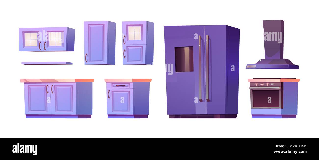 Kitchen furniture and equipment cartoon vector illustration set. Modern ...