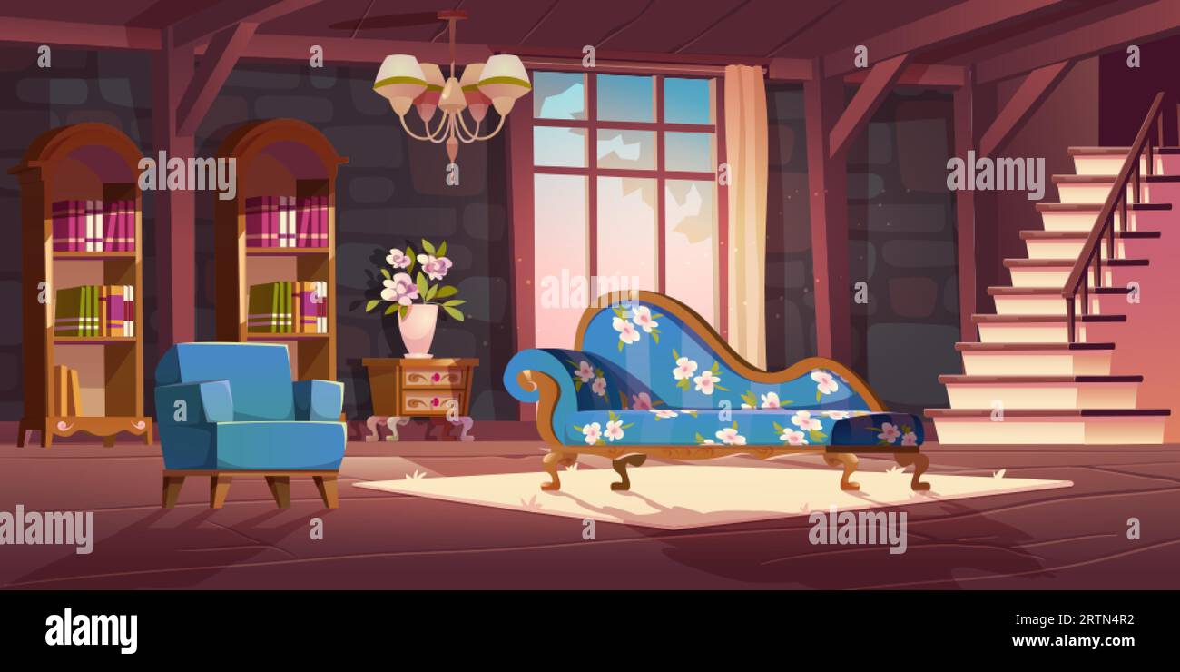 Vintage castle living room interior cartoon vector illustration. Palace ...