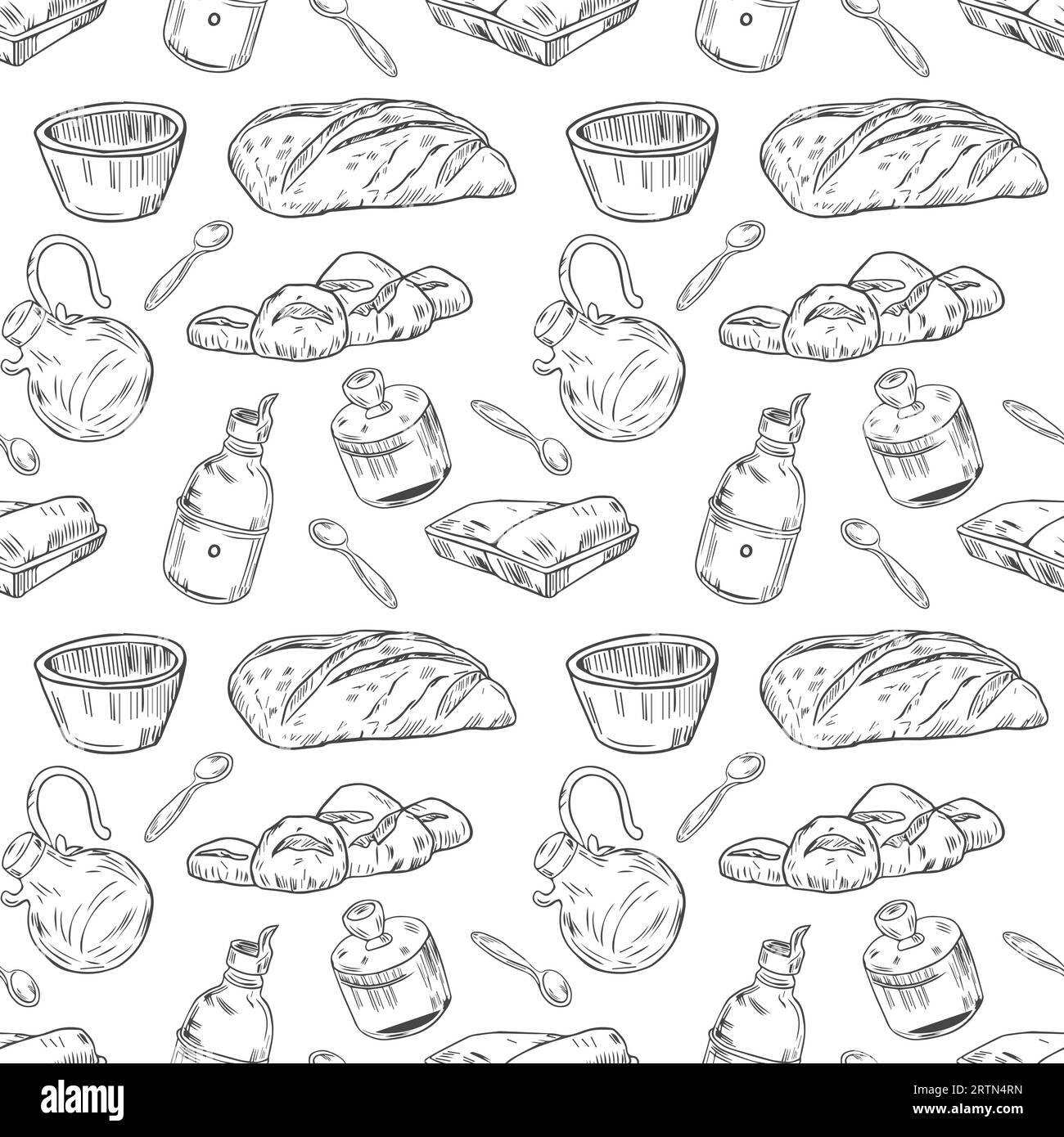 Hand Drawn Seamless Pattern Of Bread And Bakery Products The