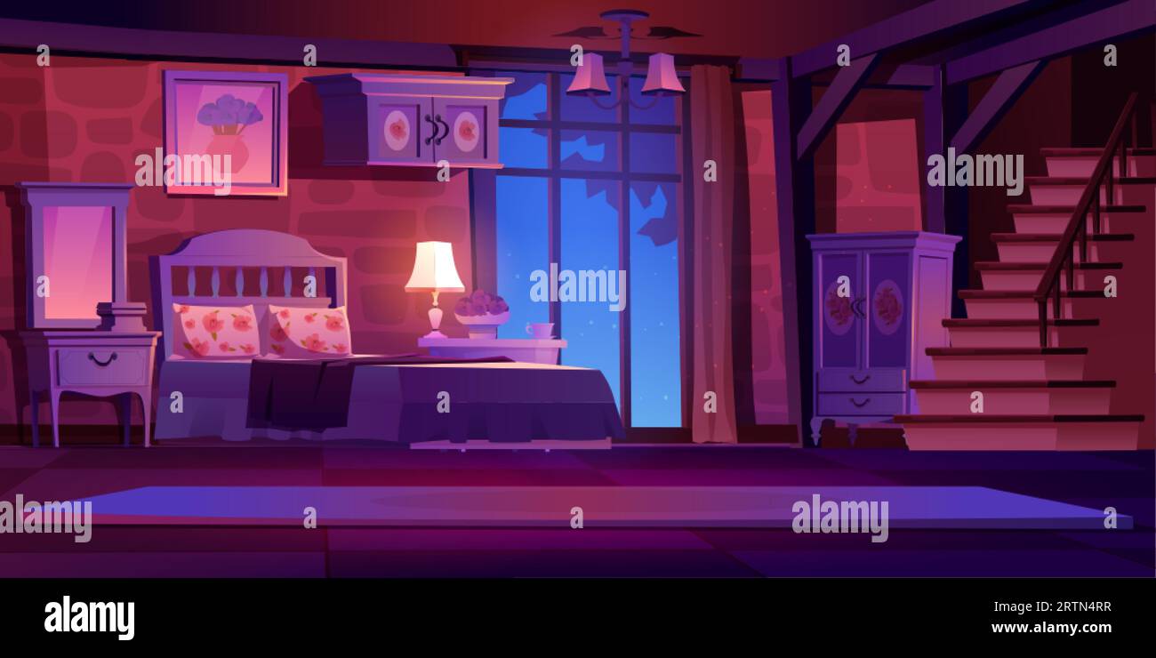 Castle bedroom interior at night vector illustration. Antique bed ...