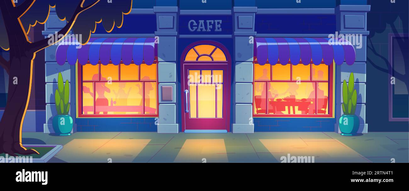 Night cafe facade with silhouettes of people inside. Vector cartoon ...