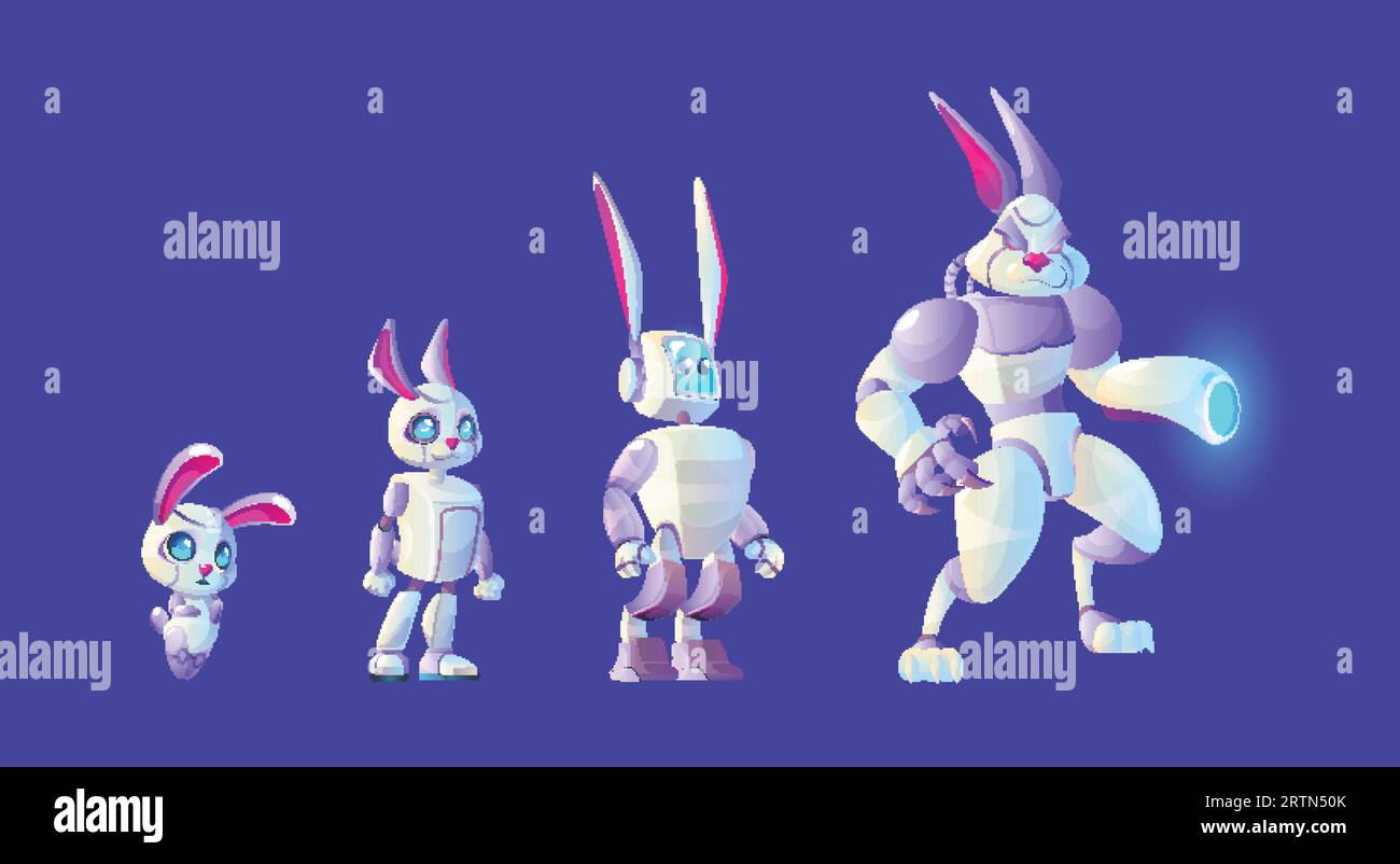 Cartoon set of rabbit robot evolution levels. Vector illustration of ...